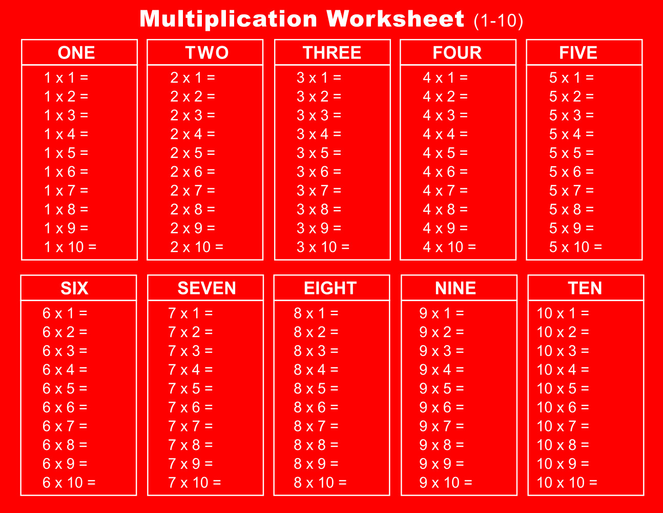 Times tables - Multiplication chart